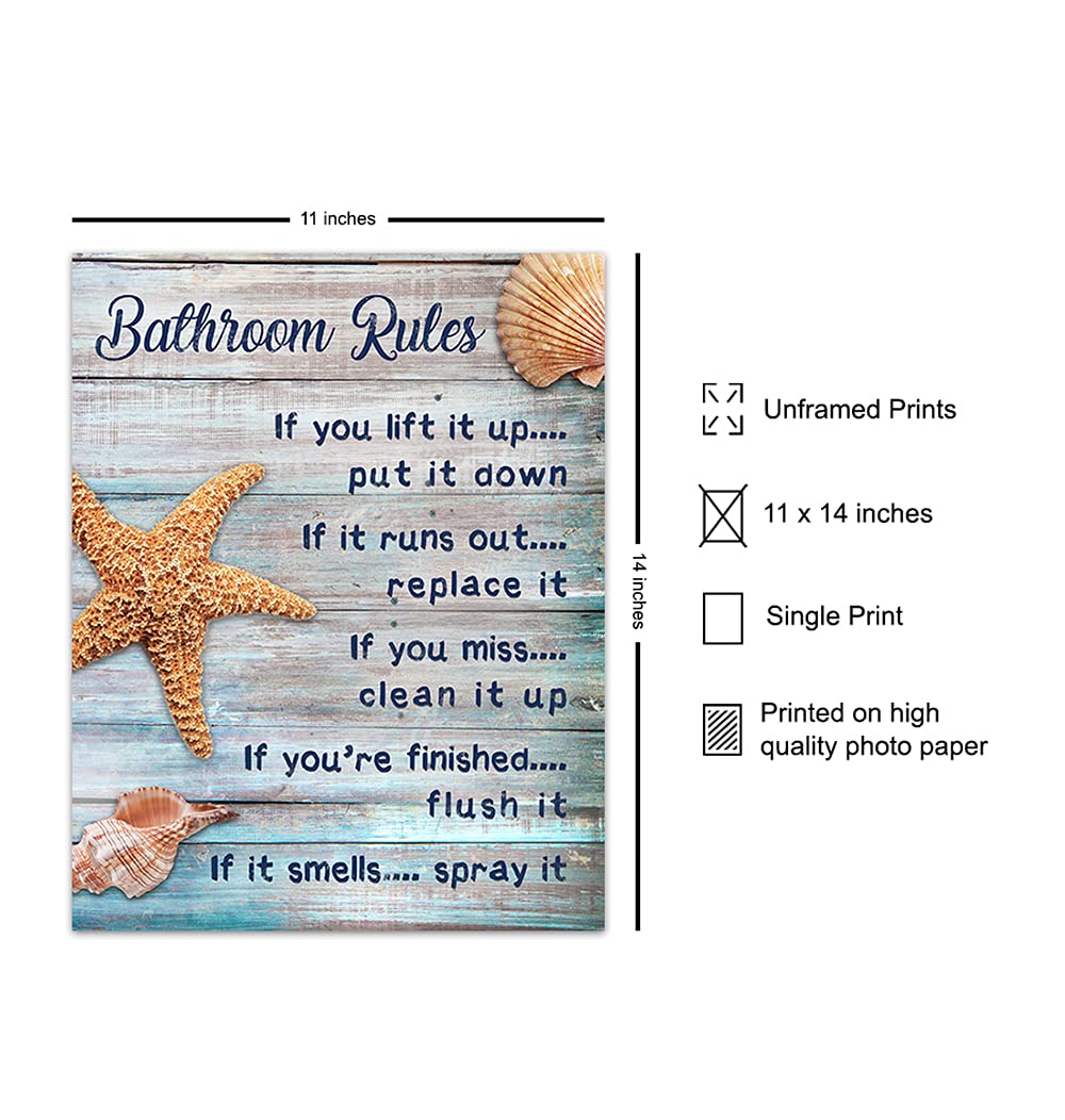 Nautical Rustic Bathroom Decor - LARGE 11x14 - Coastal Beach House Bathroom Rules Wall Art - Starfish, Seashells Restroom Sign, Bath Art - Ocean, Sea House Powder Room Art - Shabby Chic Gift
