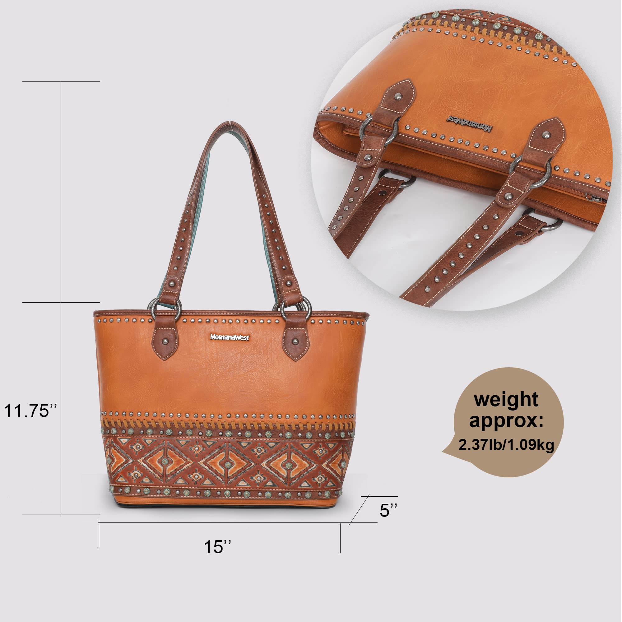 Montana West Western Tote Bag for Women Big Purses Shoulder Handbag Leather Purses with Wallet Aztec Tooled Collection MW1066G-8317BR+W