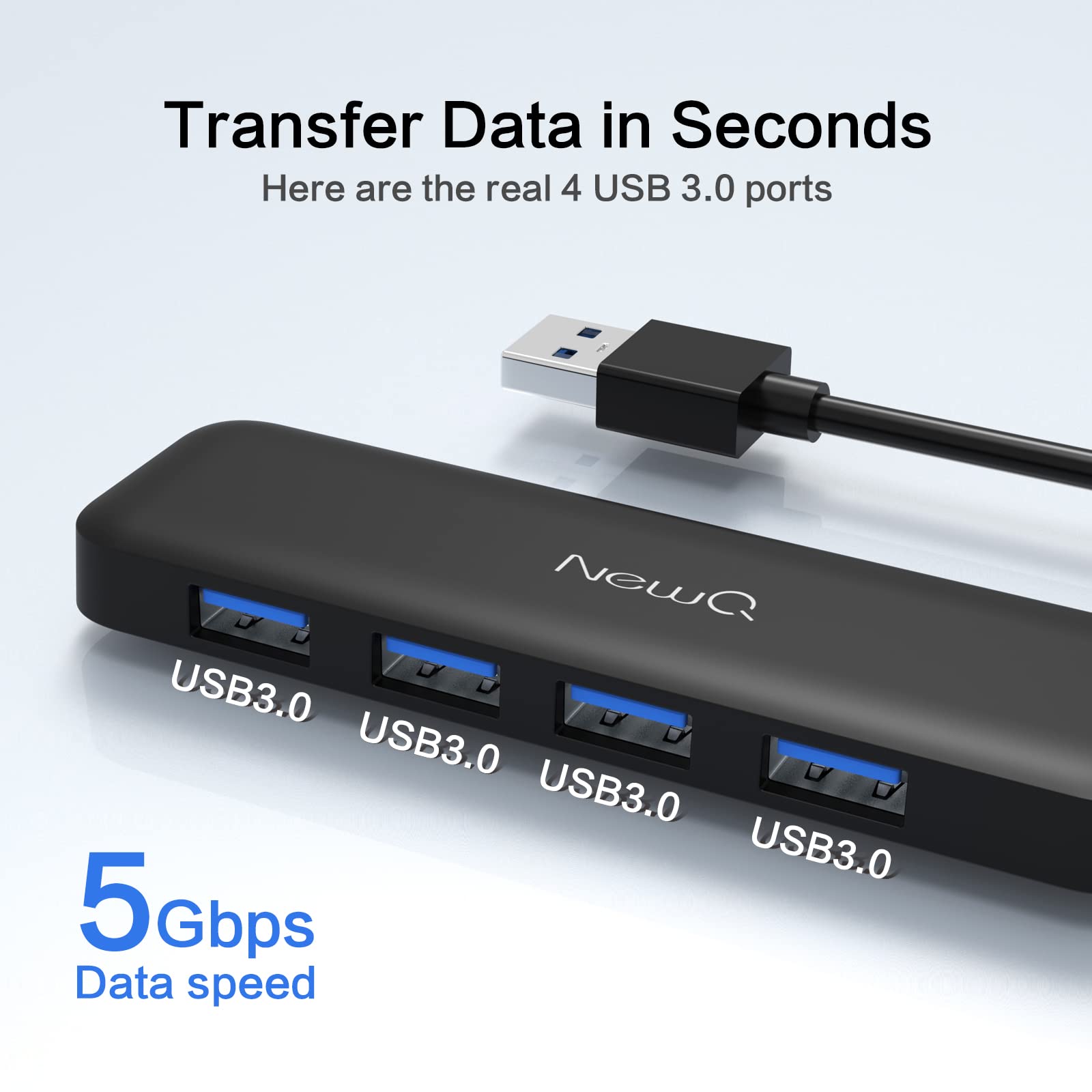 NewQ Small USB Hub for Laptop: 4 USB 3.0 Port Compact Size Mini USB Splitter, 5Gbps Ultra Slim Portable USB Adapter Compatible with MacOS/Windows, Xbox, Flash Drive, Mobile HDD, Keyboard, Mouse etc