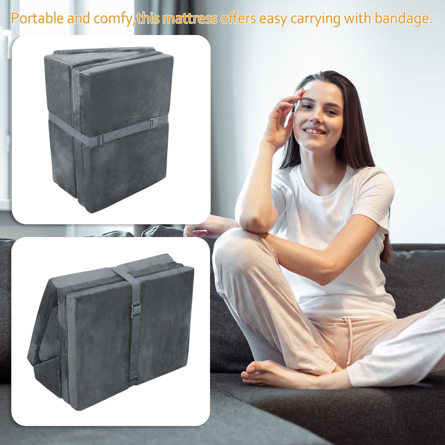 QIUBABYO Multifunctional Foldable Portable Mattress,Foldable Sofa Mattress with Lumbar Support&Buckle Straps for RV Yoga Living Room Bedroom Guest Room Home Office(Dark Gray)