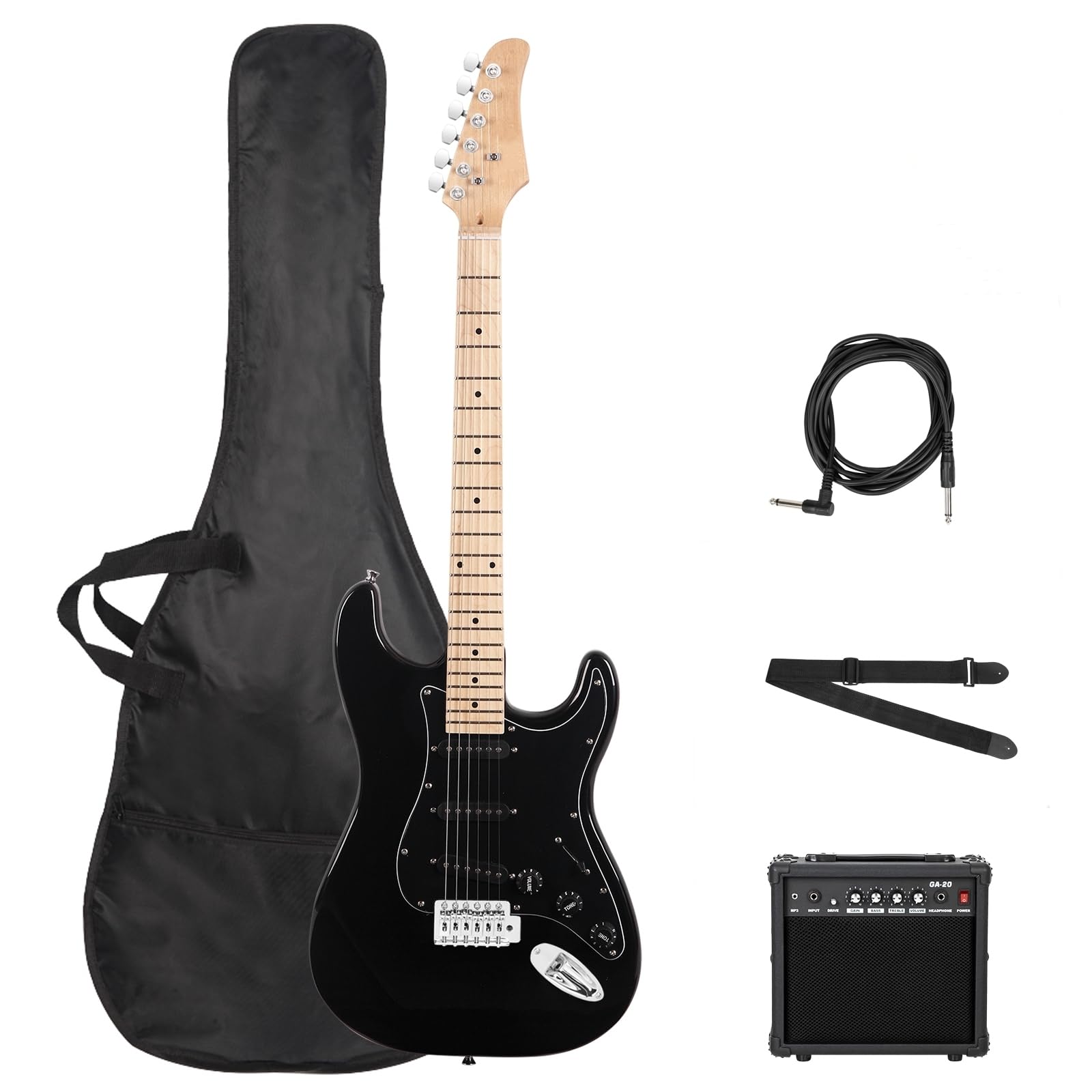 Ktaxon 39 Inch Electric Guitar with Amp, Full Size 6 String SSS Pickups Electric Guitars Kit W/Accessories Guitar Strap, Plectrum, Gig Bag, Tremolo Bar for Beginner (White)