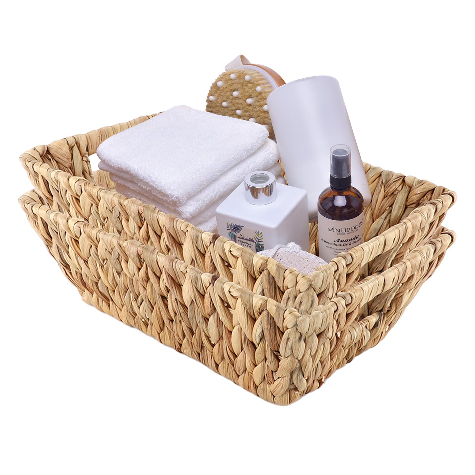 JLKIMZVO Water Hyacinth Baskets With Handles for Organizing Shelves Natural Wicker Baskets for Organization, Hand-Woven Storage Baskets