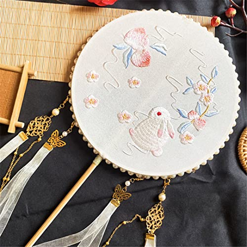 Lmtossey Vintage Round Fan Long Handle Tassel Dancing Hanfu Circular Fan Ancient Chinese Style Classical Printed Court Round Fan Wedding