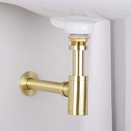 Orhemus Brass Round Bottle P Trap, Basin Sink Waste Trap Drain Tube Kit Adjustable Height, Brushed Gold Finished