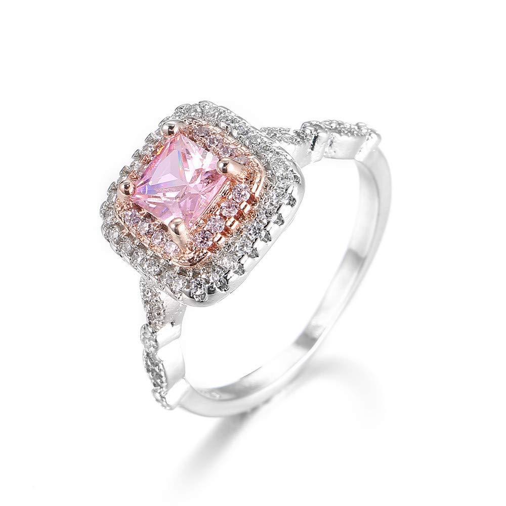 Imitation 925 Sterling Silver Pink Color Gold Micro Setting Diamond Ring CZ Square Diamond Princess Promise Engagement Wedding Women's Ring (US Code 6-10) (6)