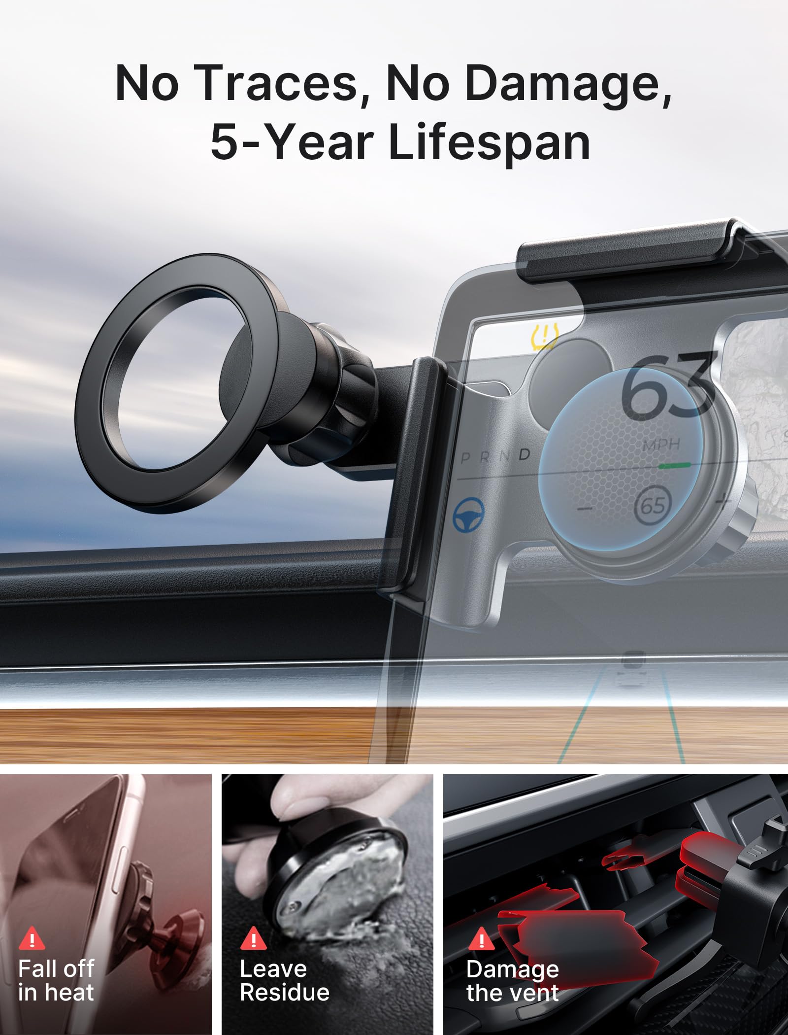 JSAUX Tesla Phone Mount, Mag-Safe Phone Holder Stand 【Screen-Locked with Base, Easy Installation】, Only Compatible with Tesla New Model 3 2023/Y/S/X, iPhone 15 Pro Max/15 Pro/15/14 and All Phones