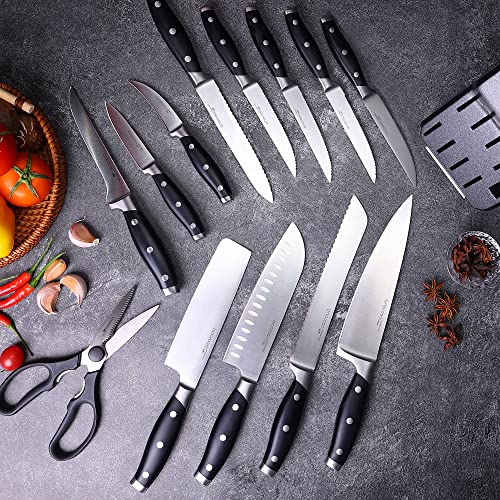 linoroso Knife Set with Gift Box, 14 Pcs Full Tang German Stainless Steel Knife Block Set with Scissors, Ultra Sharp Knife Sets for Kitchen with Wooden Block, Classic Series - Gift for Men & Women