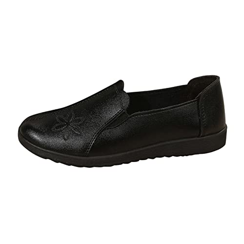 Ladies Fashion Solid Color Leather Flower Embroidery Flat Comfortable Casual Shoes Rubber Sole Shoe