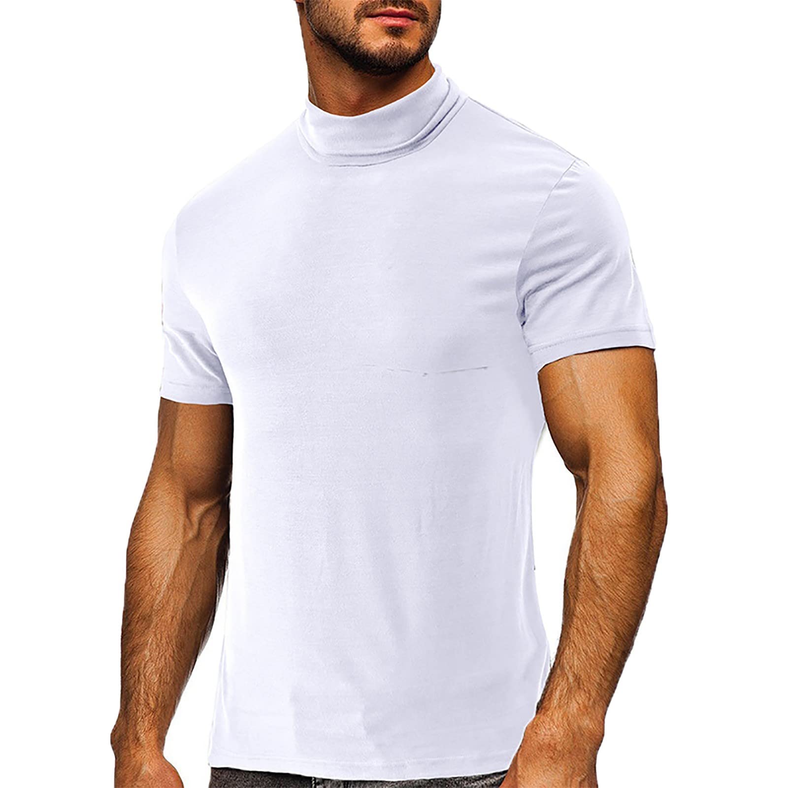 Male Spring and Summer Solid T Shirt Blouse High Collar Turtleneck Short Sleeve Tops T Shirt White
