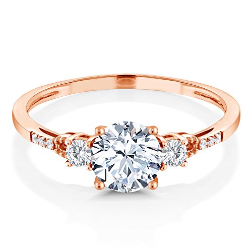 Gem Stone King 10K Rose Gold 6MM Round Gemstone Birthstone White Created Sapphire and White Diamond Accent 3-Stone Engagement Ring | Three-Stone Wedding Anniversary Promise Ring For Women