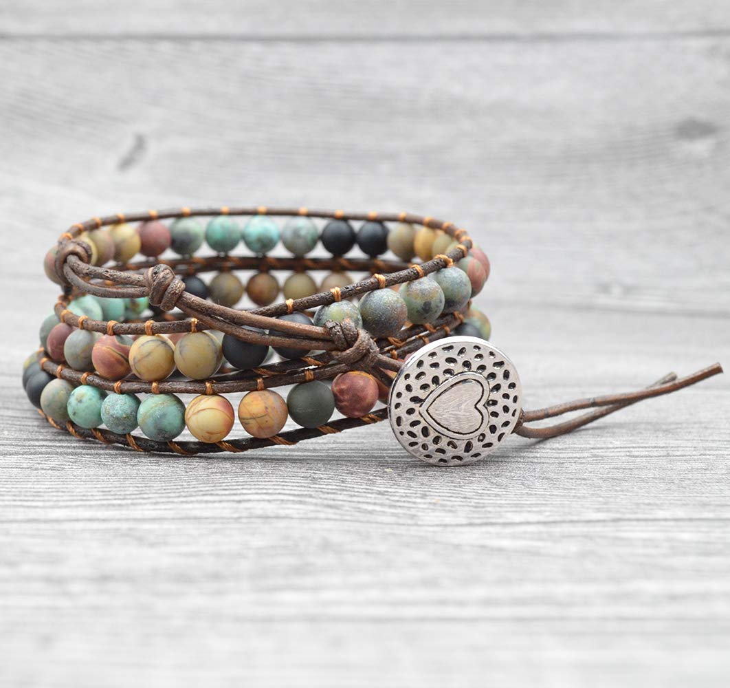 Izpack Fashion Love Heart Beaded Leather 3 Wrap Bracelets for Women Handmade Boho Natural Stone Ball Beads Wrist Bracelet Nice Gifts New Adjustable