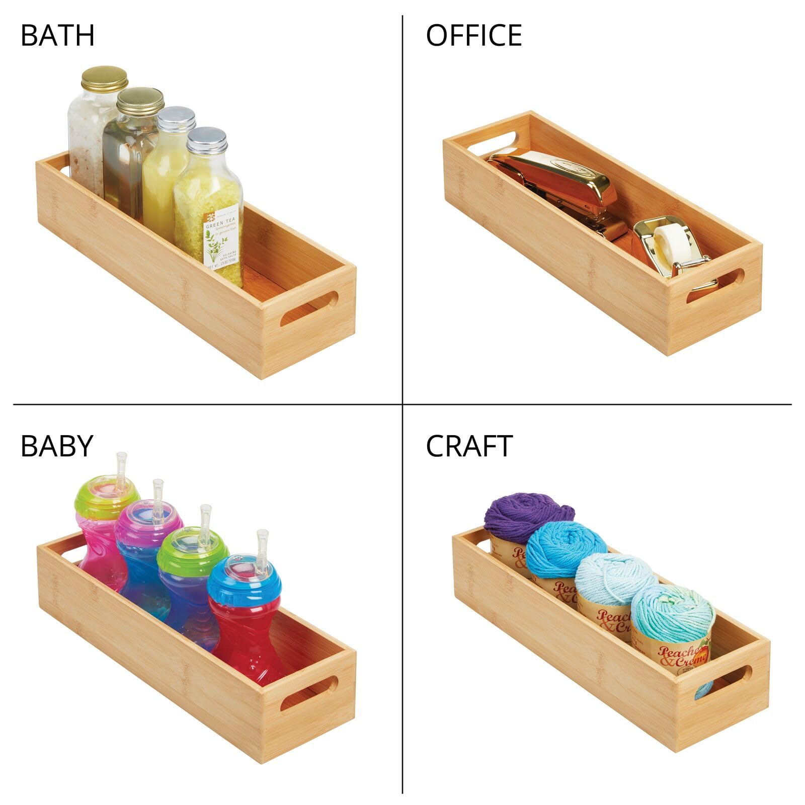 mDesign Slim Bamboo Kitchen Cabinet & Fridge Drawer Organizer Tray - Storage Bin for Cutlery, Serving Spoons, Cooking Utensils, Gadgets - 4.6" Wide, 2 Pack - Natural Wood Finish