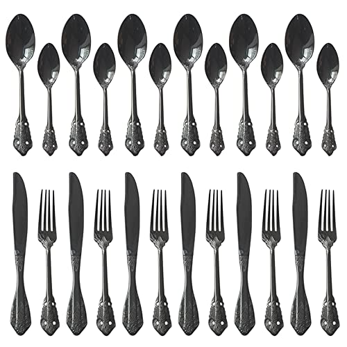 LAIION Silverware Set,24-Piece Stainless Steel Flatware Service for 6, Mirror Finish Cutlery Set Black Color flatware set for 6