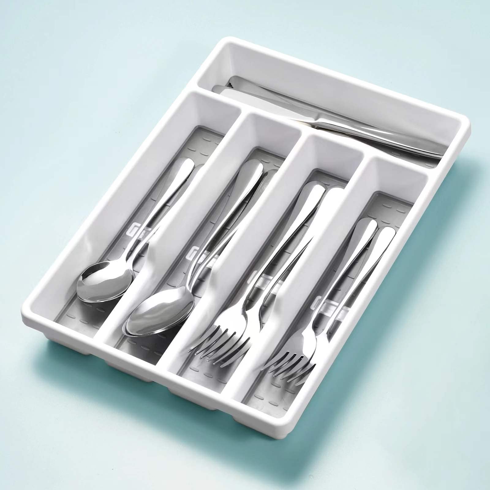 Joequality Silverware Organizer with Icons,Plastic Cutlery silverware Tray for Drawer,Utensil Flatware Tableware Organizer for Kitchen with Non-slip TPR,Fits Standard Drawer,5-Compartment,Grey