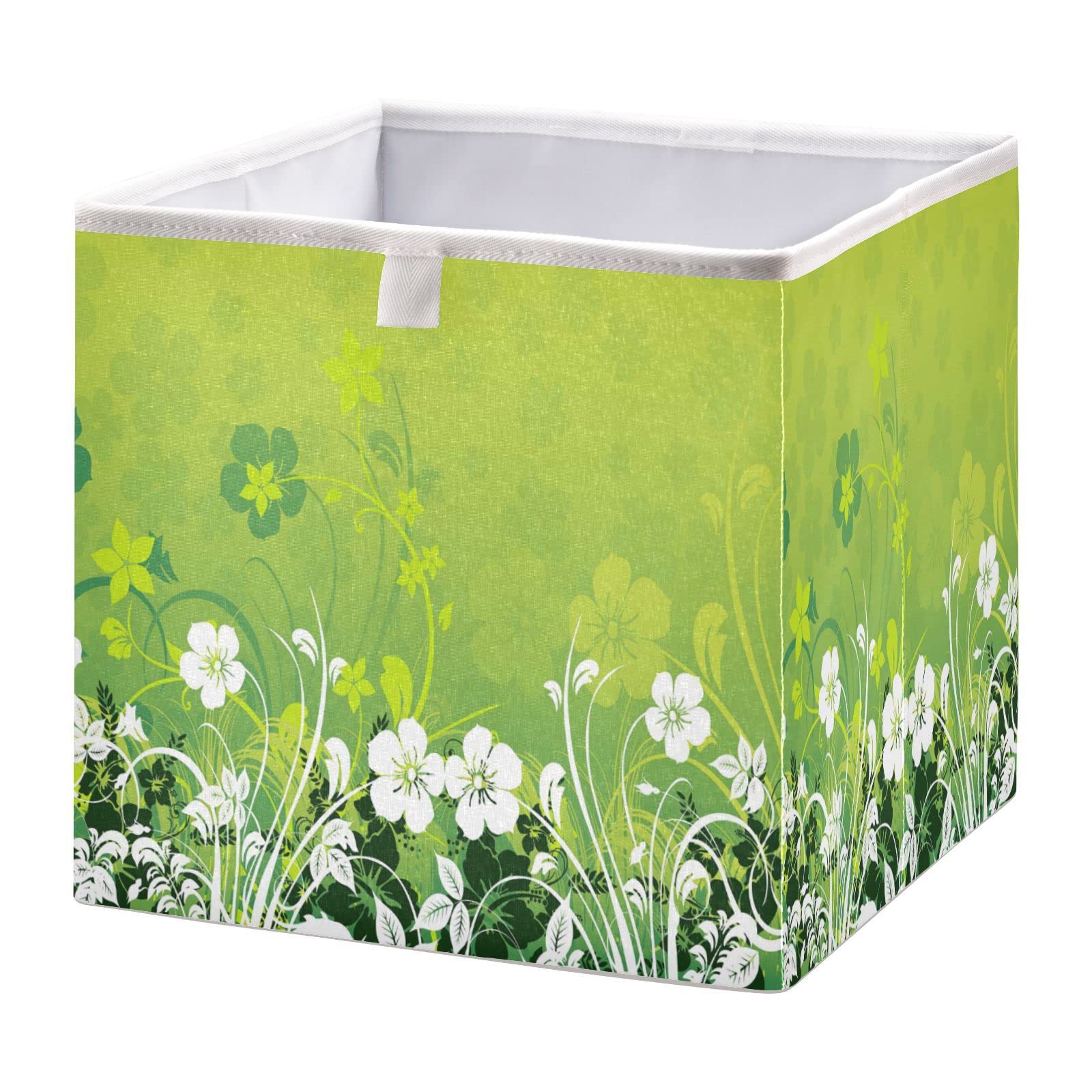 Kigai Green Flowers Cube Storage Bins - 11x11x11 in Large Foldable Cubes Organizer Storage Basket for Home Office, Nursery, Shelf, Closet