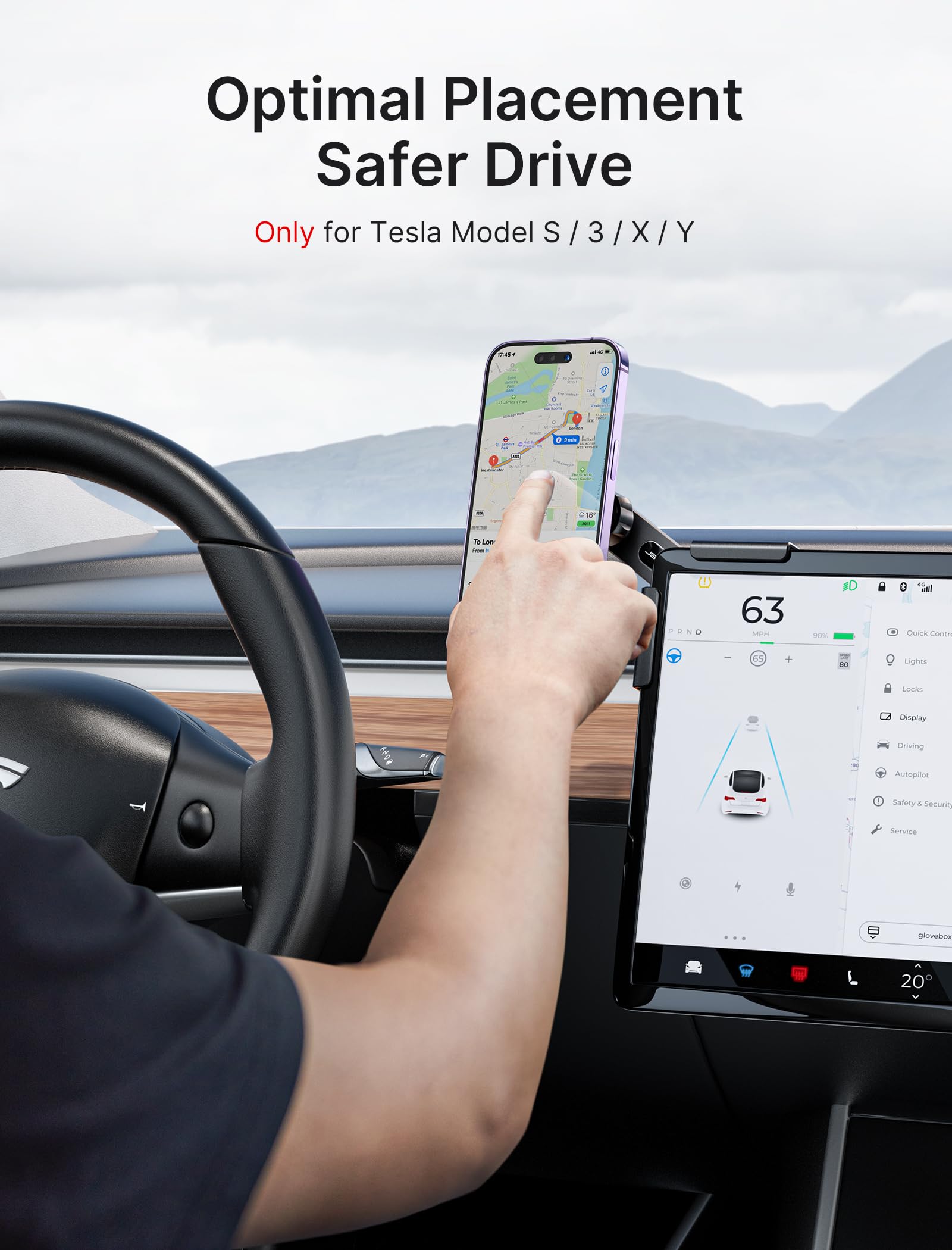 JSAUX Tesla Phone Mount, Mag-Safe Phone Holder Stand 【Screen-Locked with Base, Easy Installation】, Only Compatible with Tesla New Model 3 2023/Y/S/X, iPhone 15 Pro Max/15 Pro/15/14 and All Phones