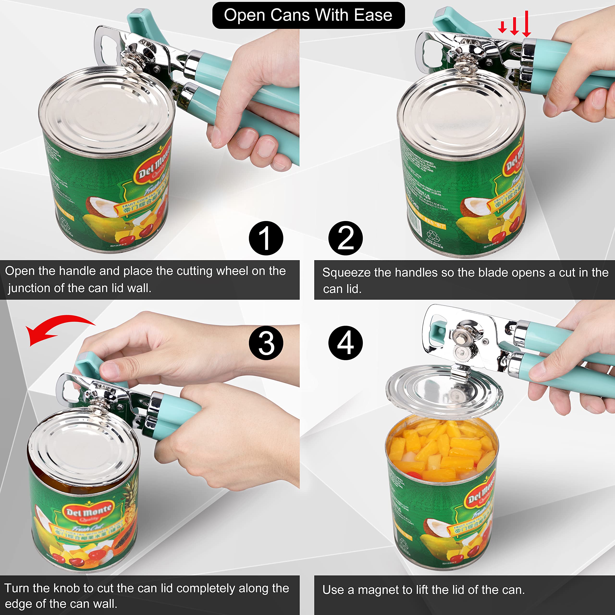 PAKITNER - Can Opener Manual, Safe Cut Heavy Duty Hand Can Opener with Magnetic Lifter, Stainless Steel with Sharp Blade Smooth Edge Can opener, Easy Big Turn Knob, with Bottle Opener, Aqua Sky