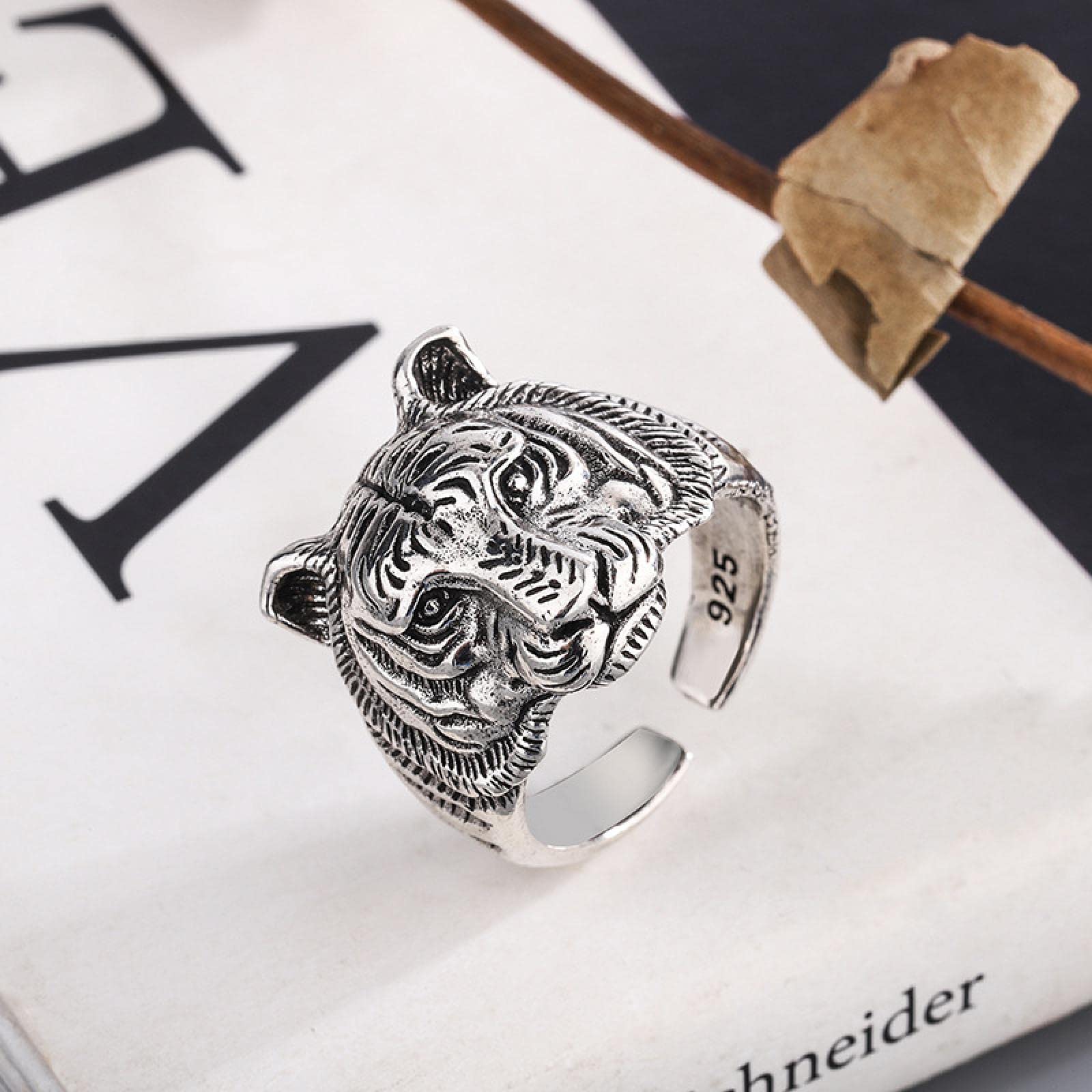 Ladies Sterling Silver Open Ring, Tiger Head Ring, Domineering Personality, Vintage Gothic Silver Plated One Size
