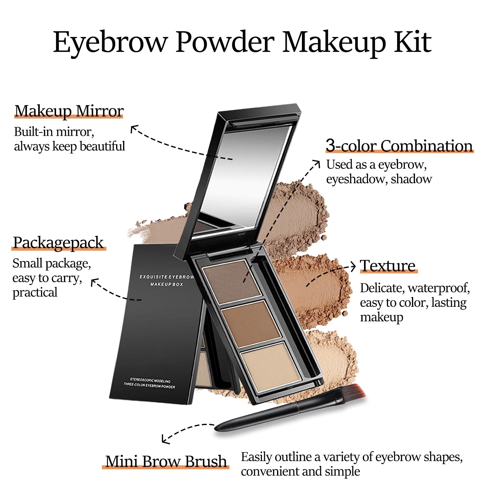 Jutqut Eyebrow Powder Makeup Kit, 3 Colors Eye Brow Tinted Powder Palette, Dark/Light Brown Brow Powder Filler to Shape Natural Eyebrows, Long-Lasting Waterproof Eyebrow Makeup Kit -Set 02
