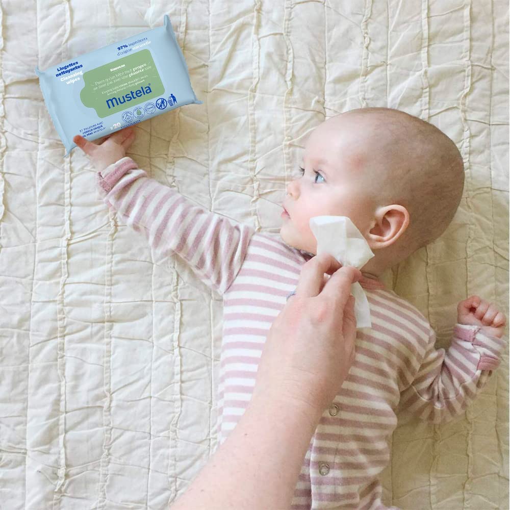Mustela Baby Cleansing Wipes with Natural Avocado - For Face, Body & Diaper Area - Made with Compostable & Plastic Free Fibers - Lightly Scented - 60 ct. (6-Pack)