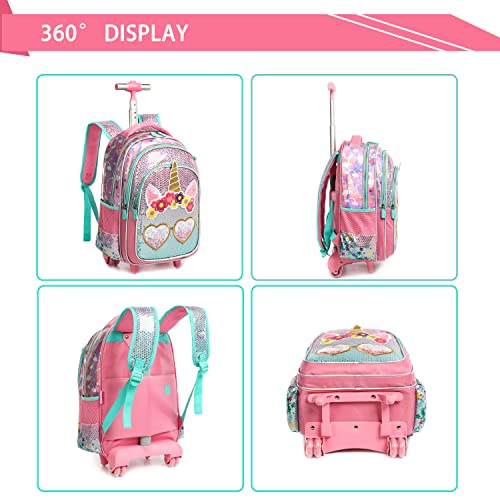 JSMNIAI Pink Unicorn Rolling Backpack for Girls Rolling Backpacks Set with Wheels Kids Luggage for Elementary Students with Lunch Box Travel Suitcase