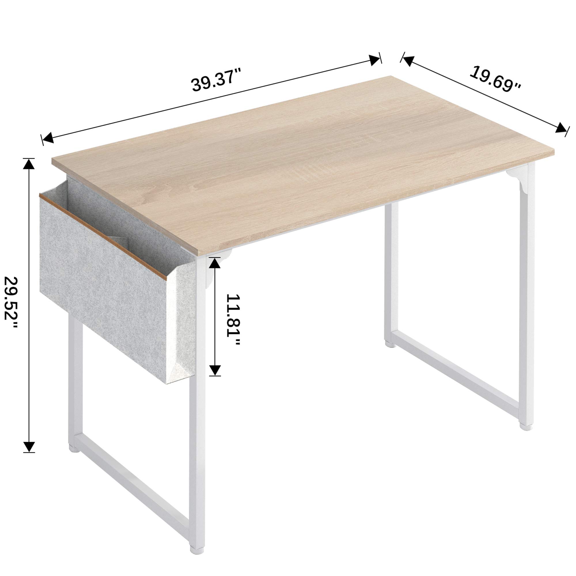 JSB Small Computer Desk 39" with Storage Bag and Hook, Home Office Desk Laptop Study Writing Table - Natural & White