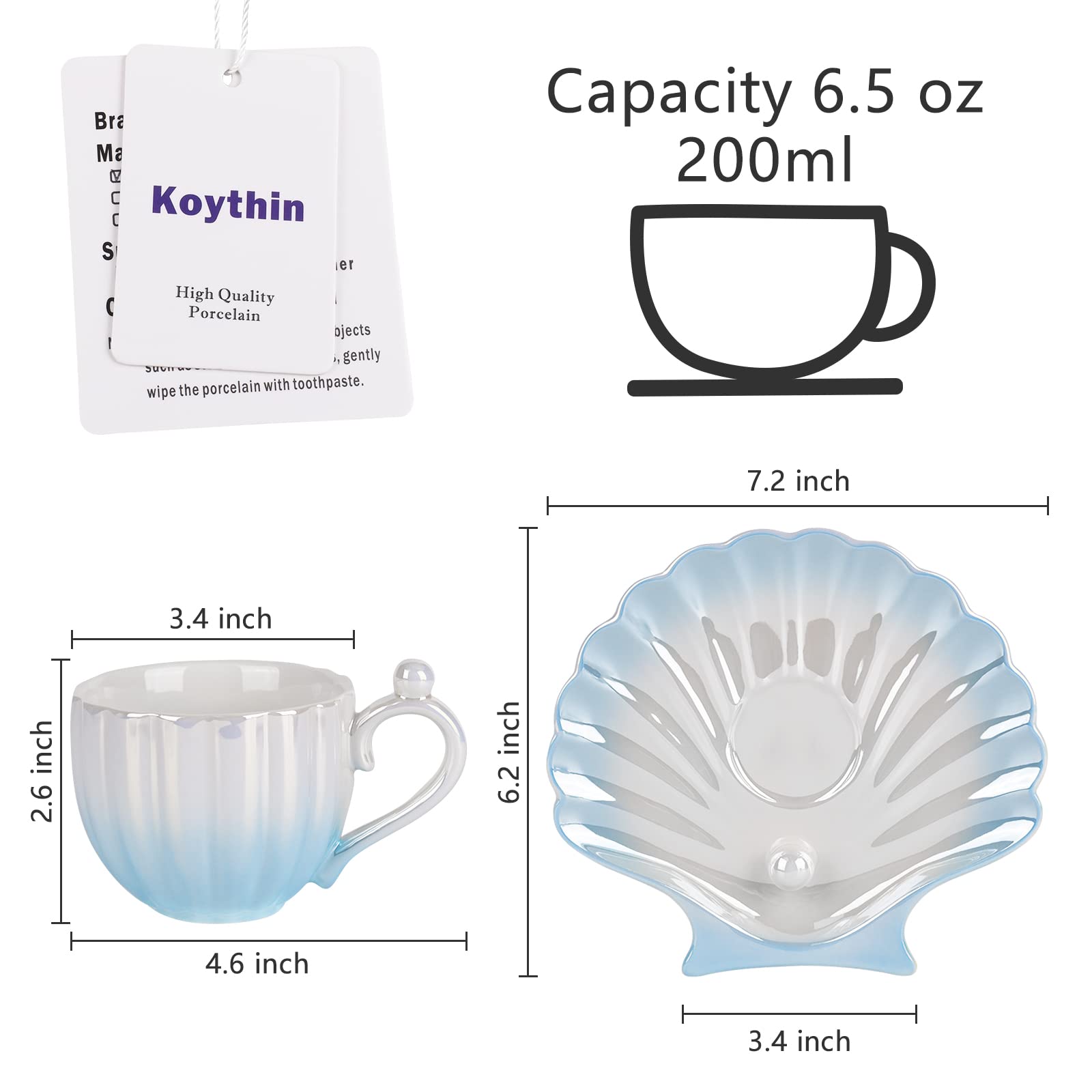 Koythin Ceramic Coffee Mug with Saucer, Creative Pearl Shell Cup, Cute Coffee Mugs for Office and Home, 6.5 oz/200 ml for Tea Latte Milk (Gradient Blue)