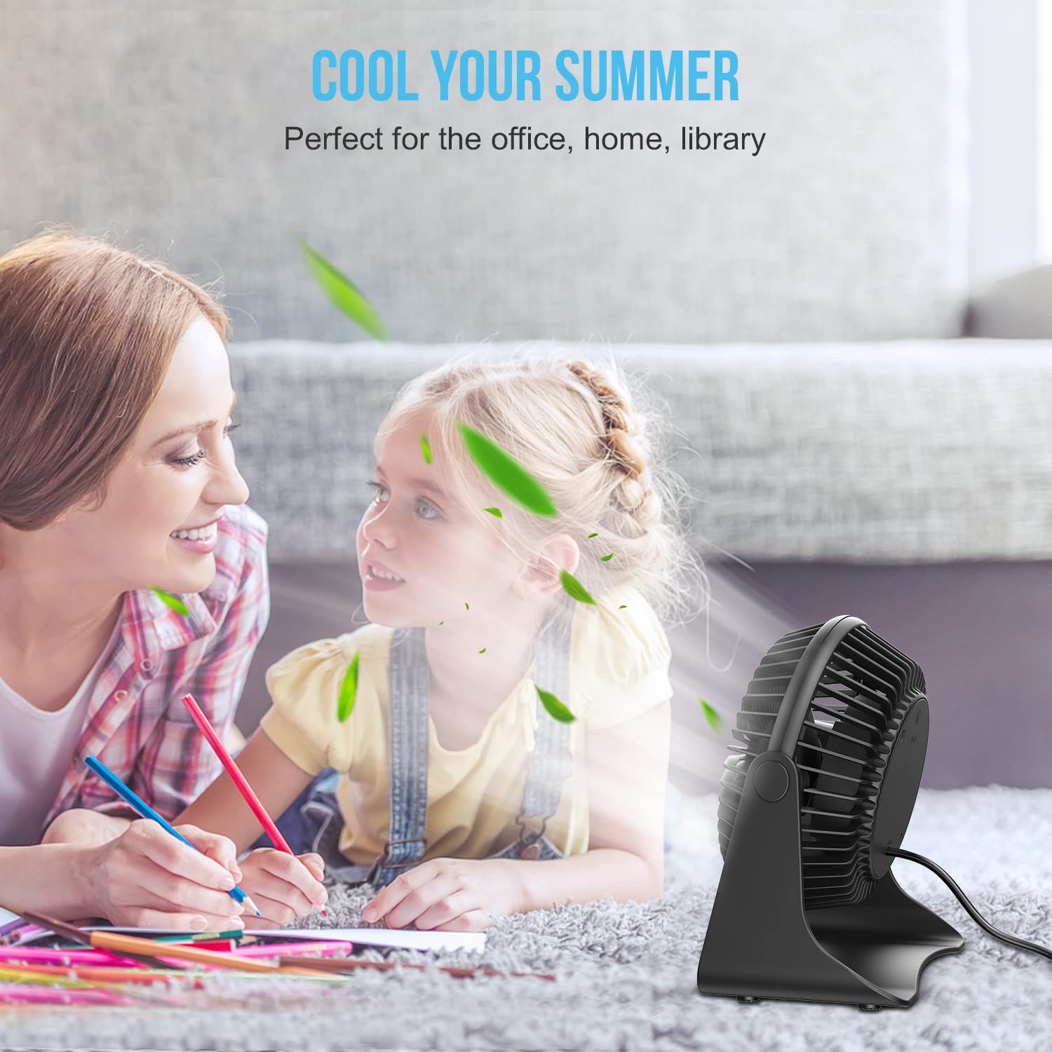 HONYIN Small USB Desk Fan, 3 Speeds Desktop Table Cooling Fan, 360° Rotatable, Strong Wind, Quiet Personal Little Fan Powered by USB for Bedroom Home Office