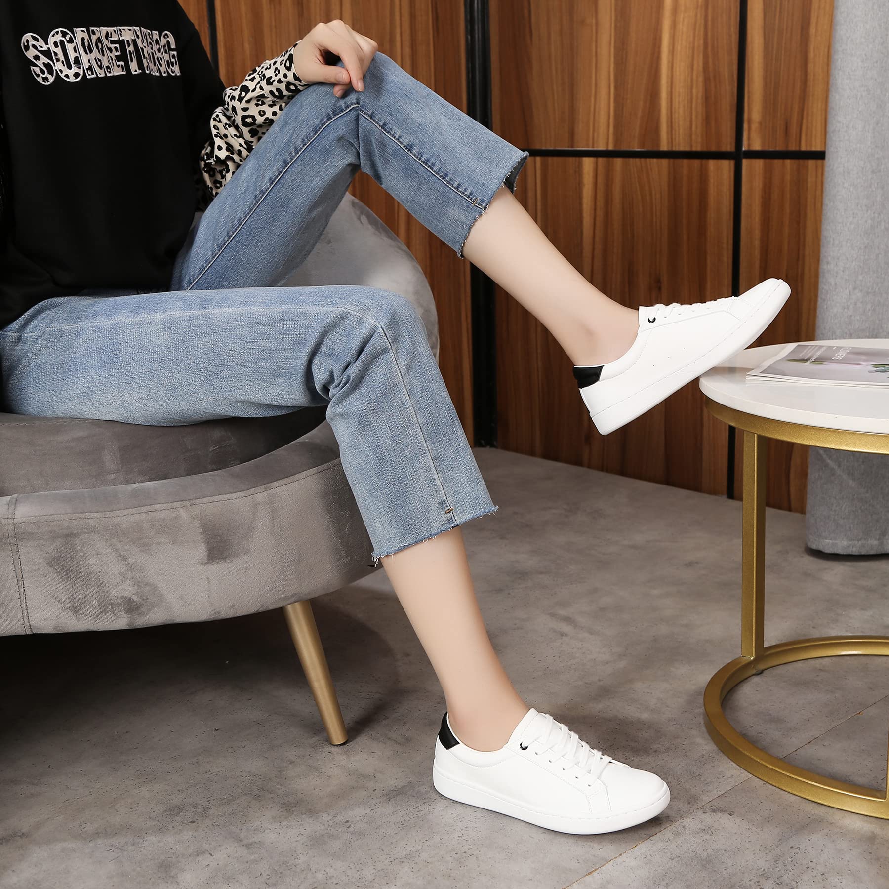 HONGHAIER Non Slip White Shoes for Women Microfiber Leather Fashion Sneakers Comfortable Womens Walking Shoes with Memory Foam WhiteBK 8