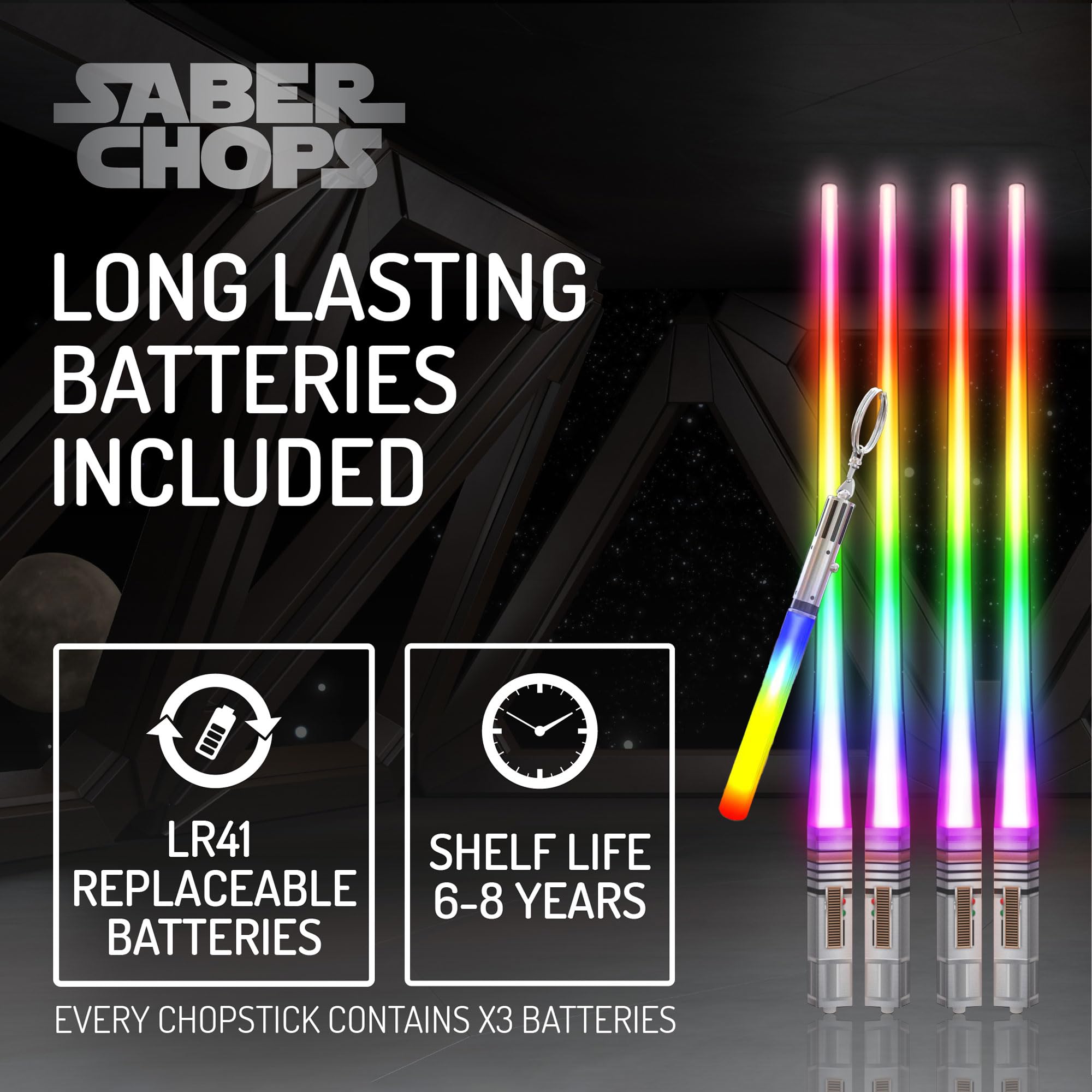LIGHTSABER CHOPSTICKS LIGHT UP STAR WARS CHOPSTICK LED Glowing Light Saber Chop Sticks REUSABLE Sushi Sabers Cool Fun Geeky STARWARS Chop Stick Set 2 PAIRS | FREE Keychain Soft Carry Pouch | Gift Box