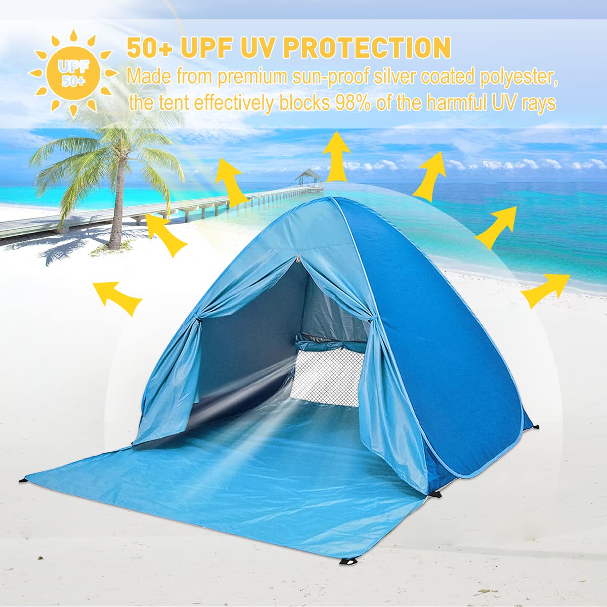 Hitish Beach Tent, Windproof & Portable Sun Shade Shelter for 3-4 Person with UPF 50+ UV Protection, Extended Floor & Roll Up Window, Easy Setup Beach Tent with Carry Bag, 6 Stakes for Camping Fishing