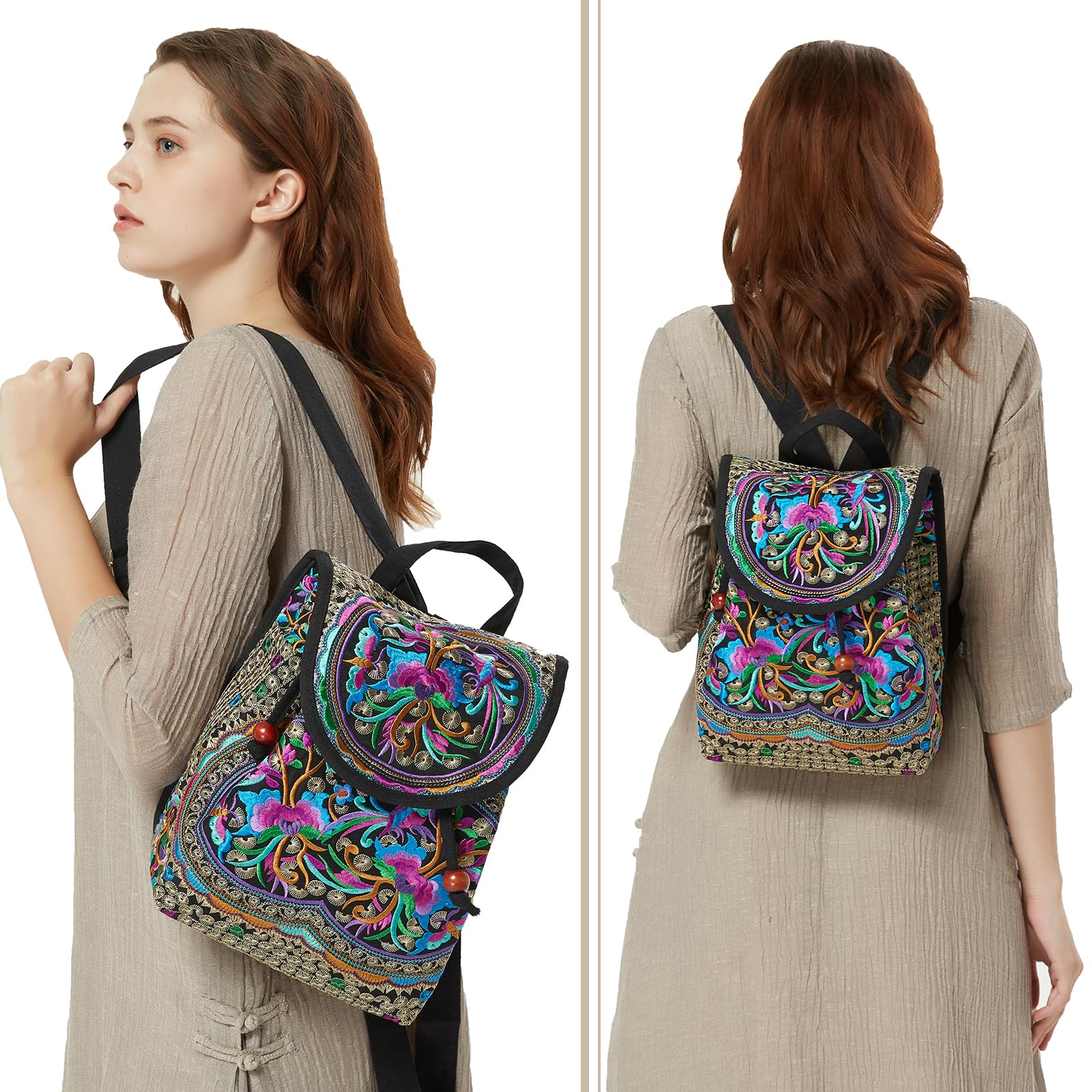Jursccu Embroidery Backpack Purse for Women Vintage Handbag Small Drawstring Casual Travel Shoulder Bag Daypack