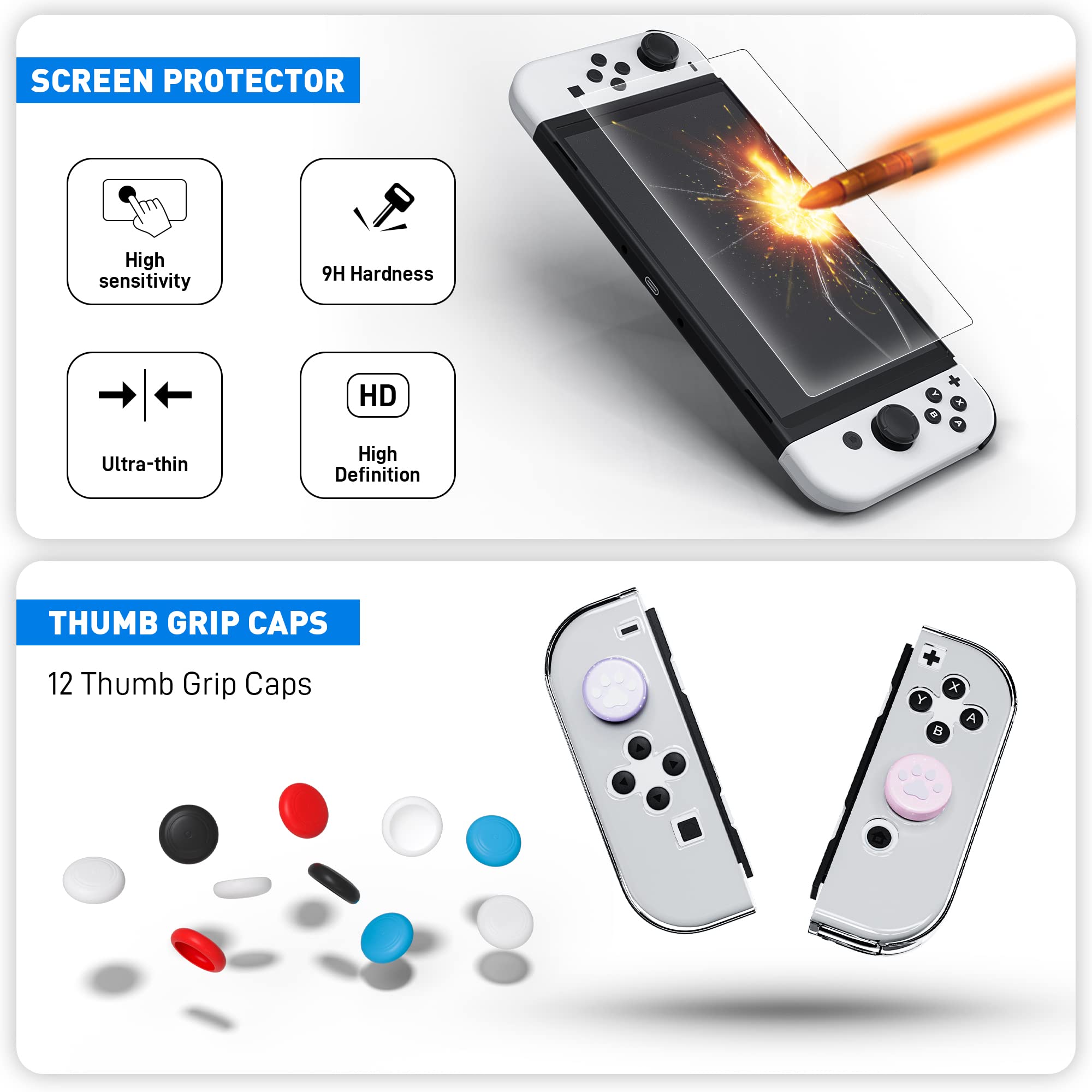 Improved Version - FANPL Clear Case Kit for Nintendo Switch OLED, PC Cover for Switch OLED Console and TPU Case with Transparent Lattice Pattern for Joy Con, with Screen Protector and Thumb Caps