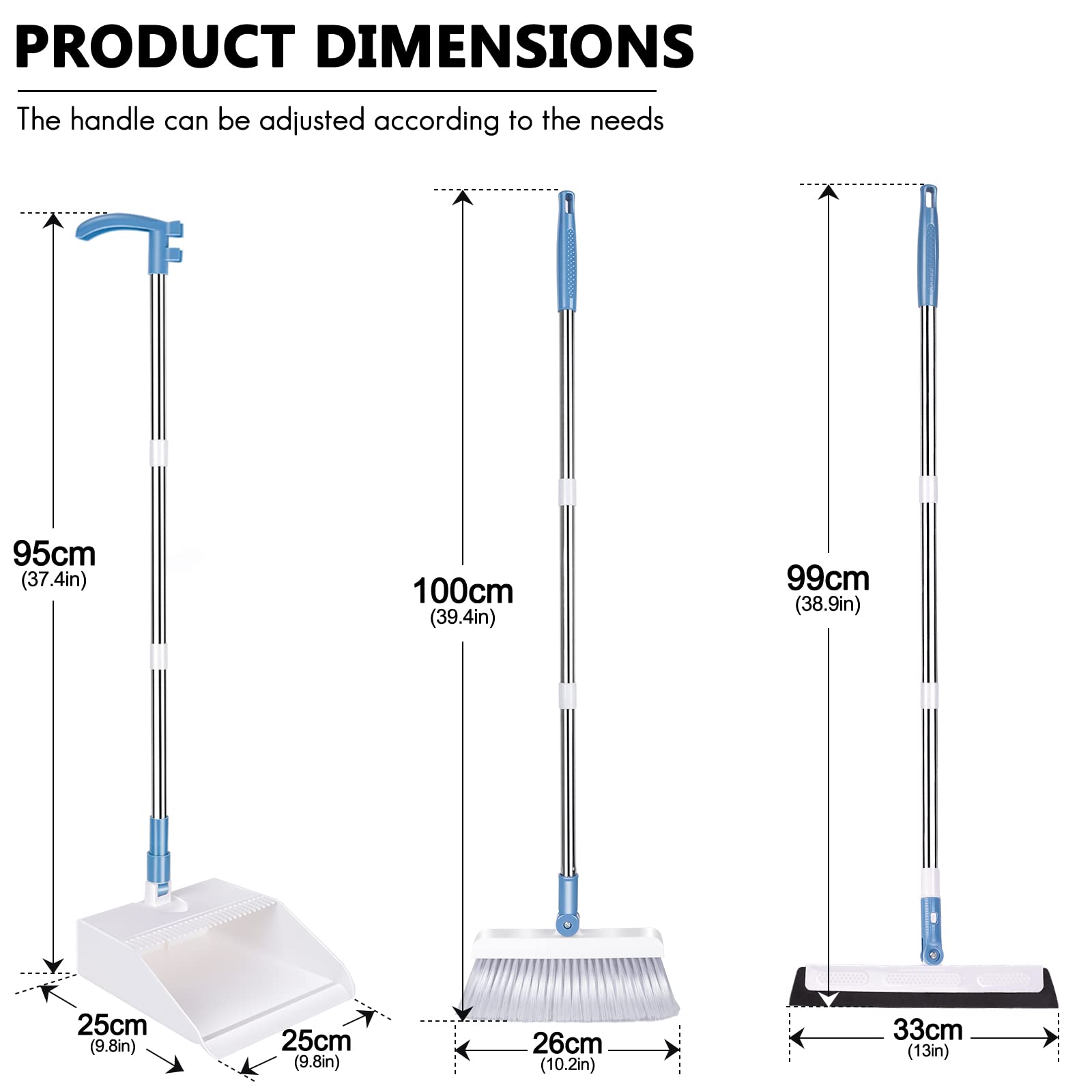 Kphico Broom and Dustpan Set with Upgrade 53" Long Handle&Floor Squeegee and Looped-End String Wet Mop with 2 String Mop Heads,for Laminate,Hardwood,Ceramic,Marble Floor Cleaning