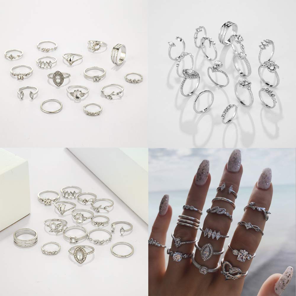 Hsarsup Bohemian Finger Rings Vintage Gold/Silver Crystal Stacking Ring Joint Knuckle Ring Set for Women Girl (Silver4)