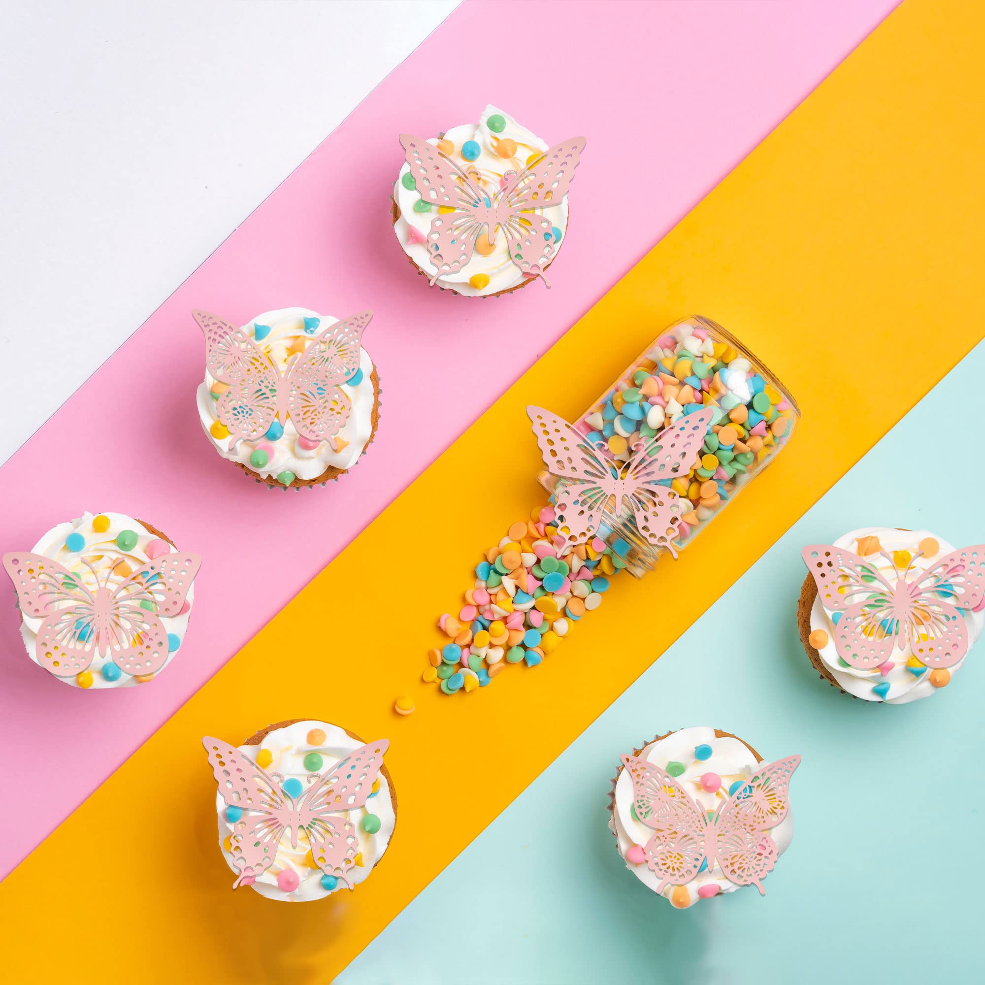 Gyufise 36 Pack Rose Gold Glitter 3D Butterfly Cupcake Toppers Hollow Butterfly Cake Decorations for Birthday Wedding Fairy Party Butterfly Wall Sticker Decal for Background Wall Decoration