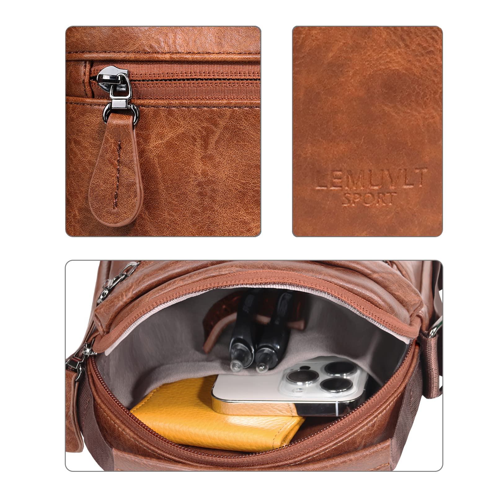 Lemuvlt Crossbody Bag for Men Women with RFID Wallet,Small Size Zipper Pocket&smoothly Leather Man Purse(Small Brown with RFID)