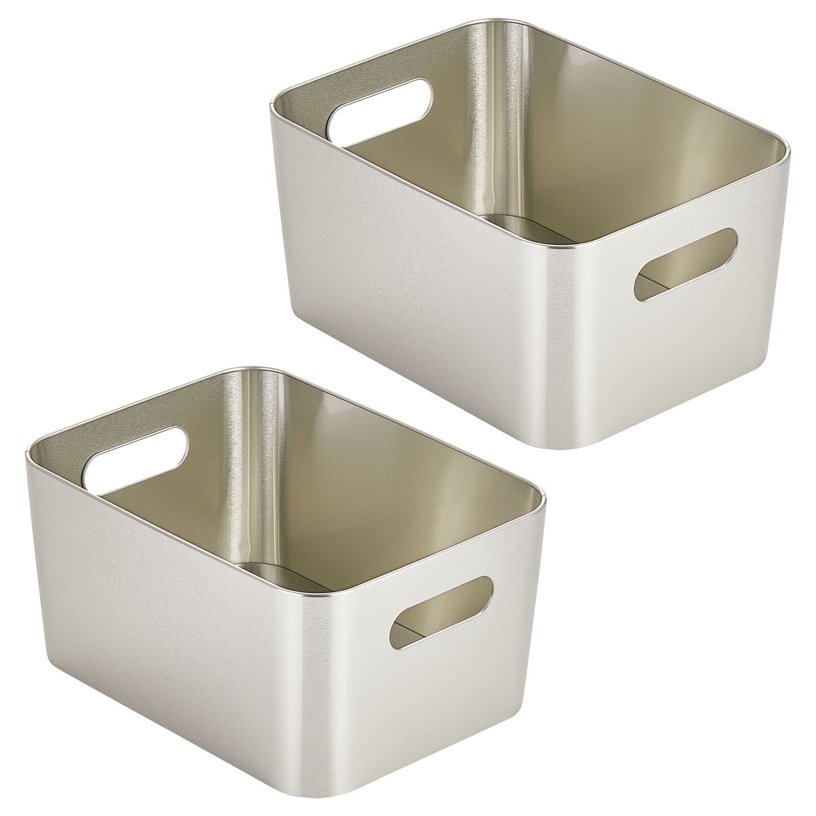 mDesign Steel Metal Storage Container Bin Basket, Handle - Kitchen Pantry, Cabinet, Fridge, Drawers, Freezer Organization - Food/Snack Holder Crates, 9" Wide, Mirri Collection, 2 Pack, Brushed Chrome