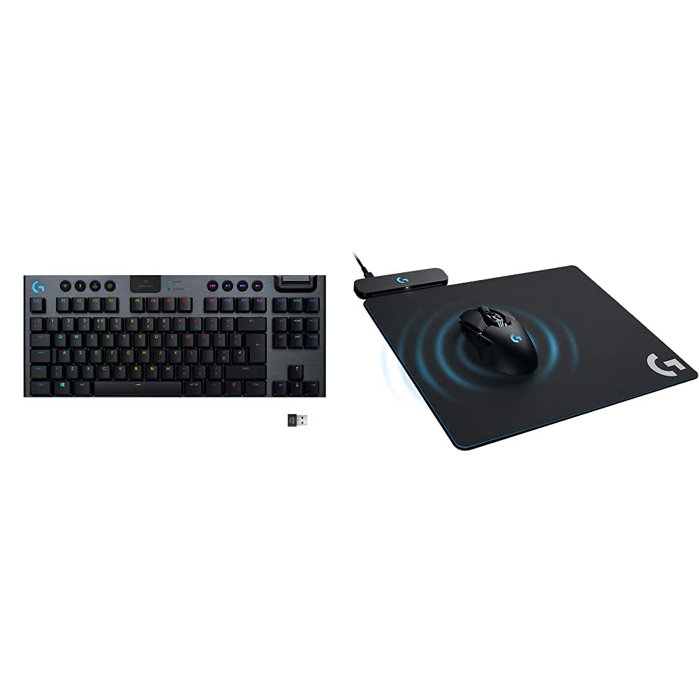 Logitech G915 TKL Tenkeyless Lightspeed Wireless RGB Mechanical Gaming Keyboard, Clicky, Black & Powerplay Wireless Charging System - Black