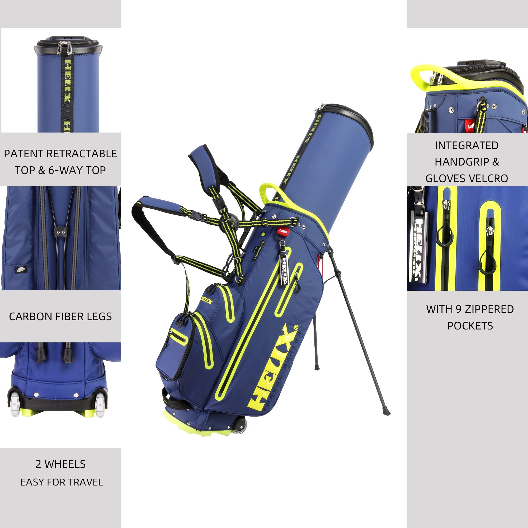 Helix Golf Stand Bag Retractable, 6 Way Dividers with Backstrap Shoulder Carry Golf Bag, Golf Bag Stand with Wheel for Traveling (Blue)
