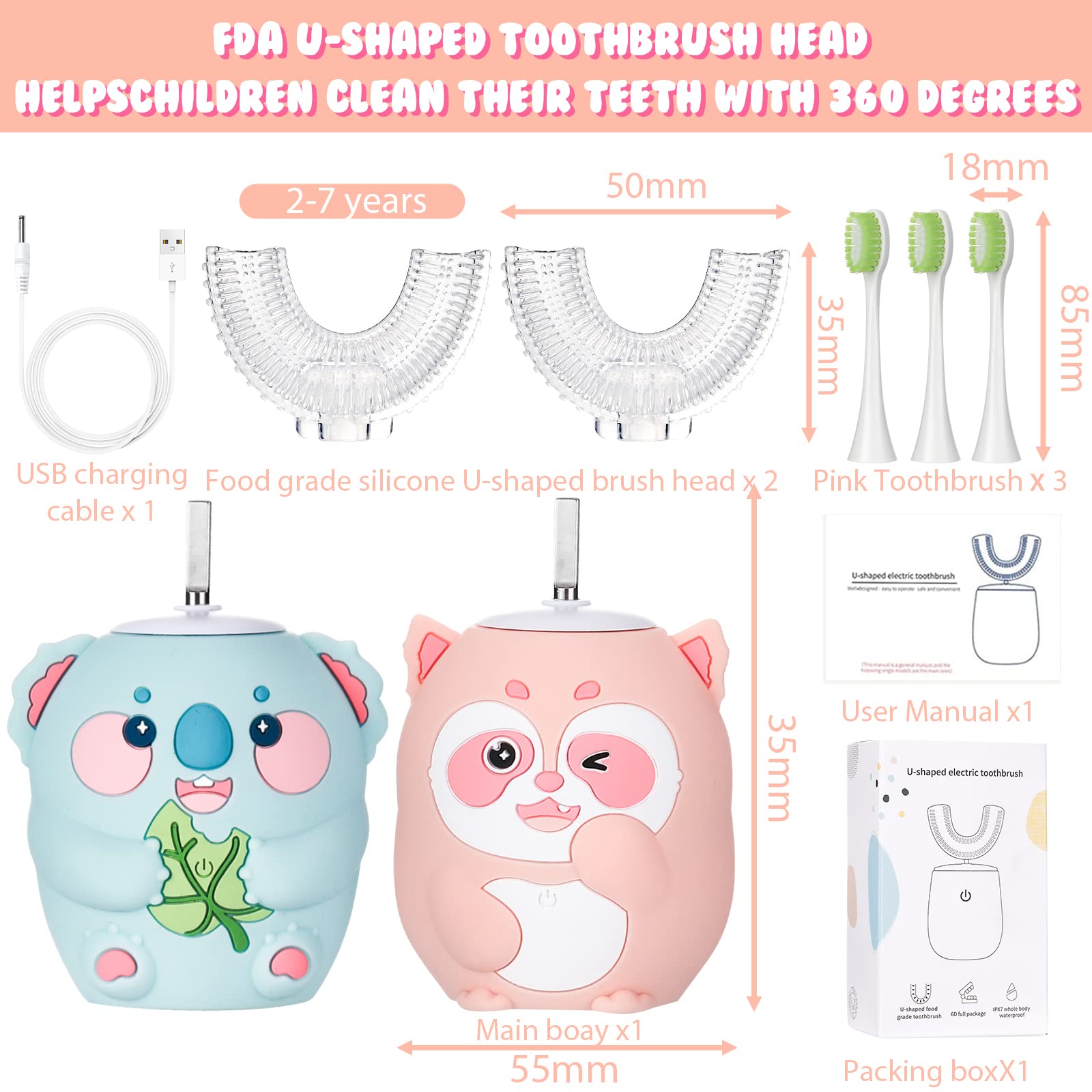 PIEARA U Shaped, Kids electric toothbrush for Kids Age 2+,Kids with IPX7 Waterproof, 6 Cleaning Modes (Blue)