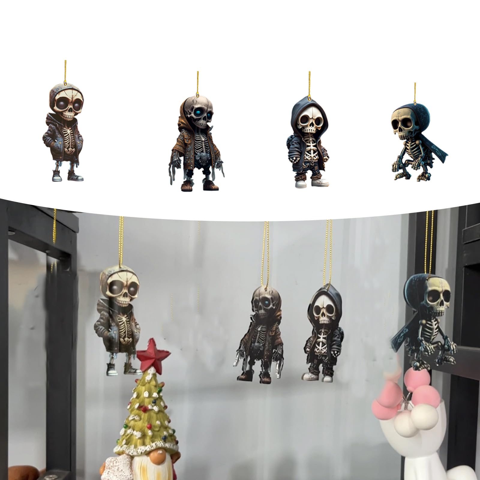 GKmow 1 PC Car Halloween Skull Pendant, Acrylic Spooky Skeleton Statue Decoration, Rearview Mirror Swing Skull Doll Accessories, Universal for Most Car Backpack Hanging Decorations (Black #01)