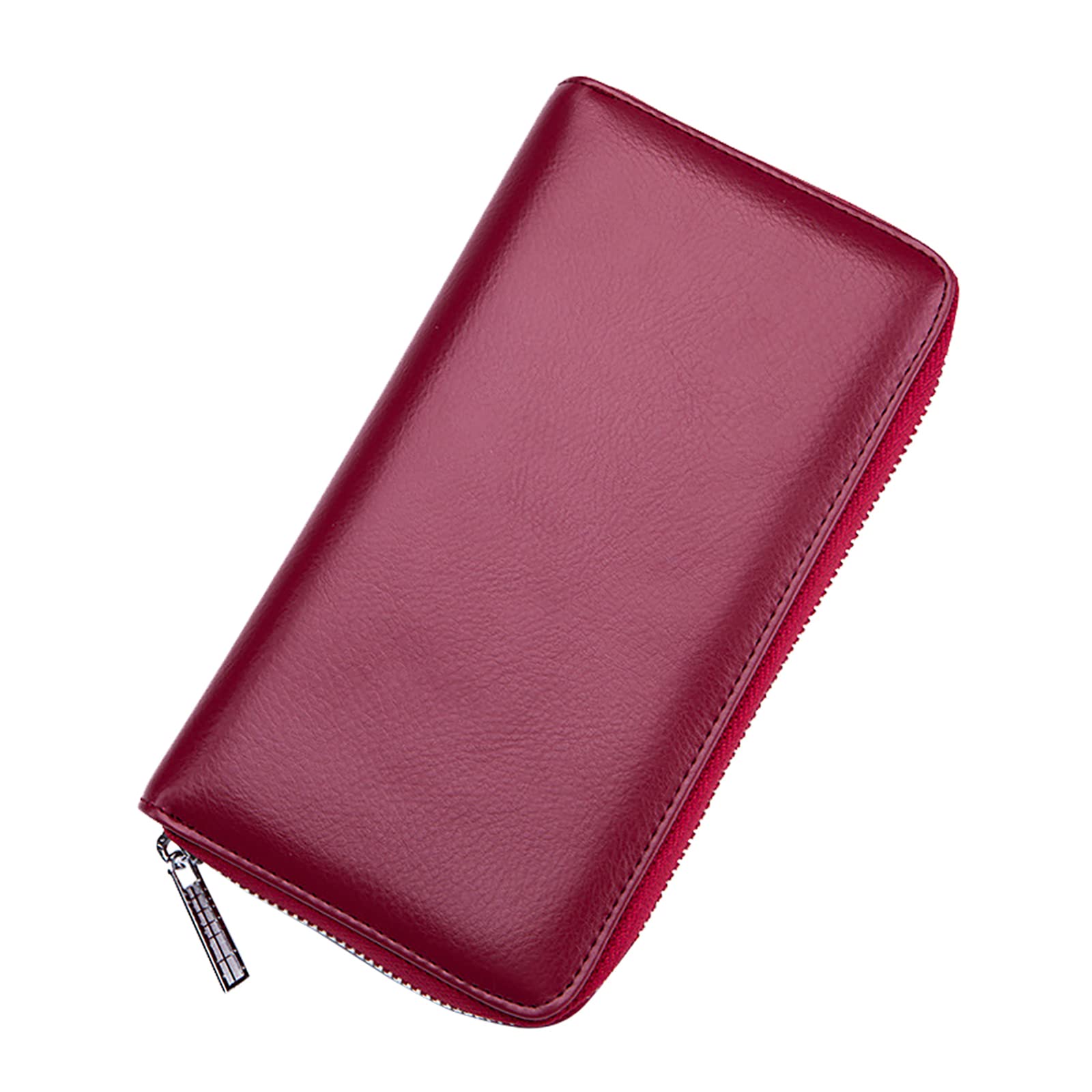 LOKNGXU Women's Large Capacity Wallet Genuine Leather Credit Card Wallet 36 Card Slots Billfold Coin Purse Zip Around Checkbook Wallet RFID Blocking (wine red color)