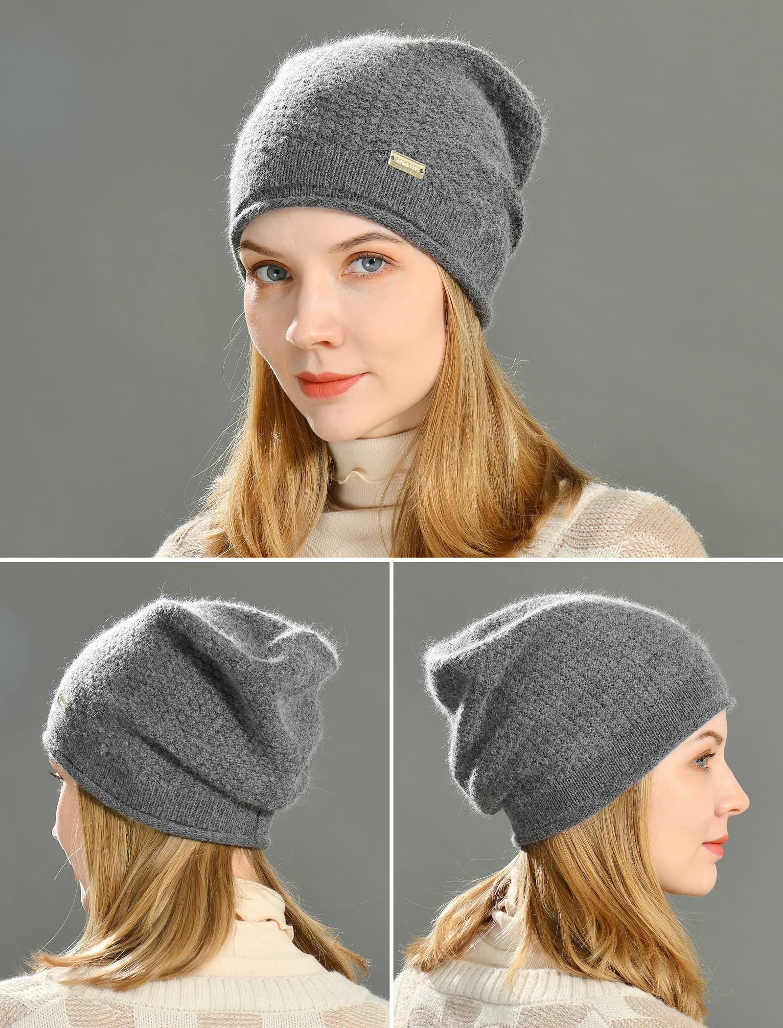 jaxmonoy Slouchy Beanies for Women Winter Soft Warm Cashmere Hat Skull Cap Ladies Knit Wool Beanie hat for Women - Dark Grey