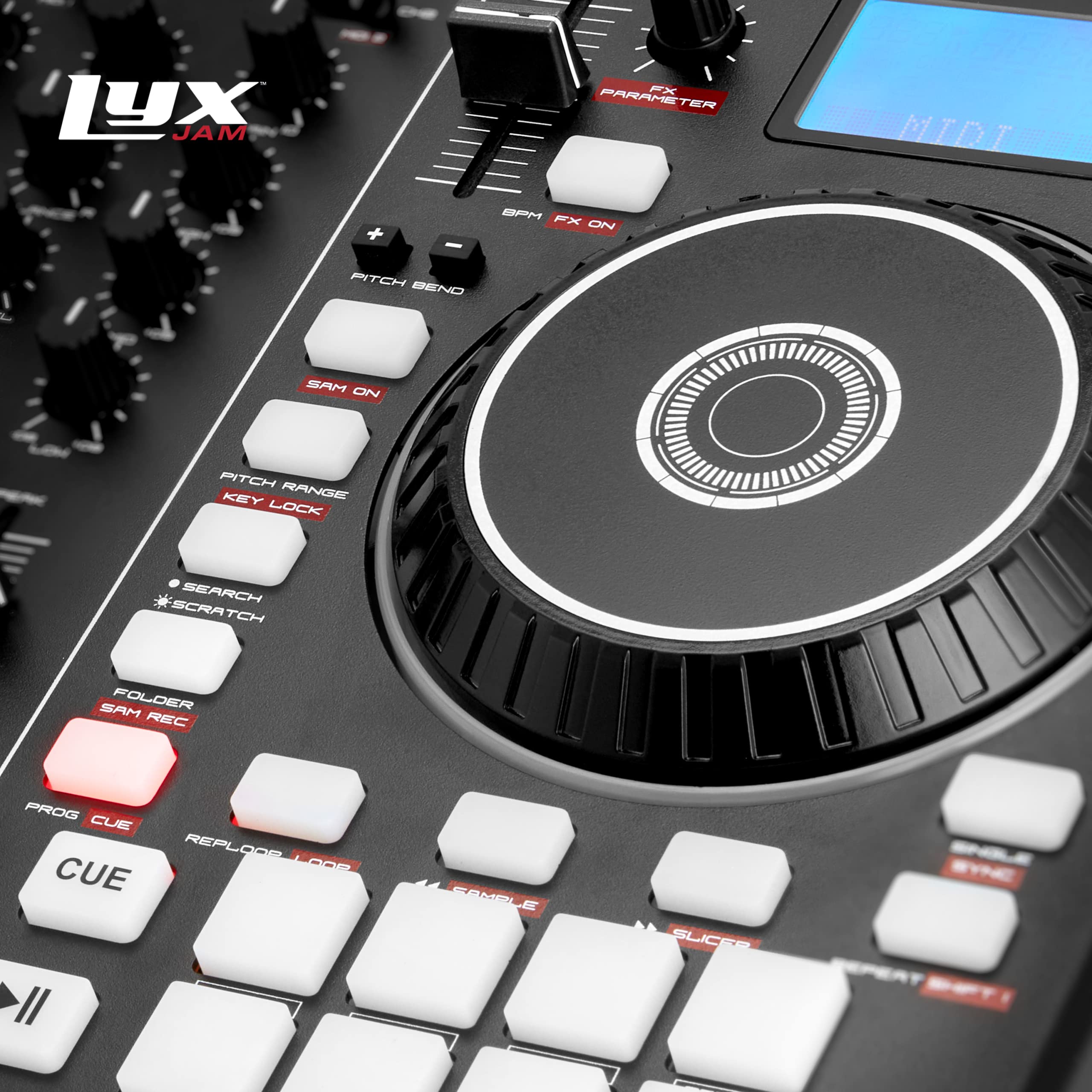 LyxJam 2-Deck Portable DJ Controller Kit Mixing Console with LCD Display | Manual Looping, USB, MIC Input, Record Output, 16 Performance Pads with Virtual DJ LE Software Included (Download)