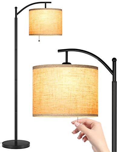 JOOFO Standing Floor Lamp with Pull Chain Switch, Fabric Linen Shade, 3 Color Temperatures Tall Arc Lamps for Bedroom and Living Room,Dorm,Office, Black