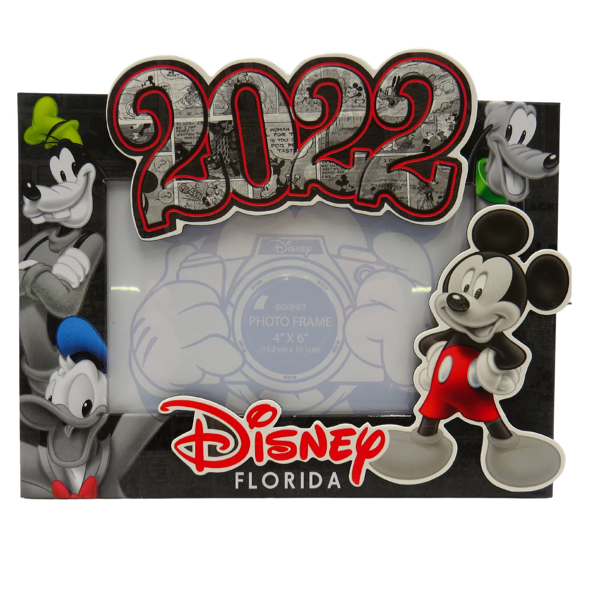 Jerry Leigh 2022 Disney Black and White Souvenir Picture Frame, Paper Dated Frames with Mickey Mouse, Donald Duck, Goofy, and Pluto, First Family Trip Keepsake