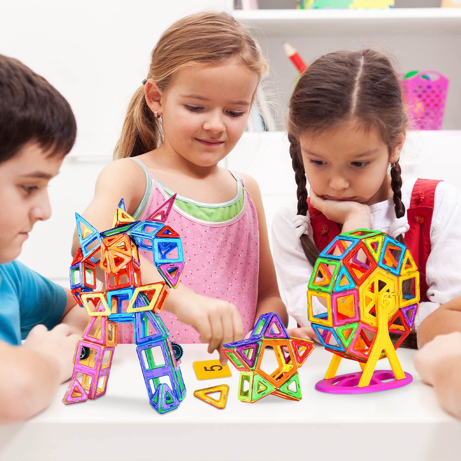 MSVDT Magnetic Tiles Building Blocks Toys for Kids, 195 Pieces 3D Creative Castle Construction Magnetic Stacking Set,STEM Creativity/Educational Toys for Kids Easter Basket Gifts