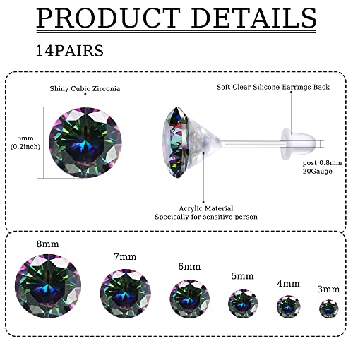 LOLIAS 12Pairs Clear Earrings Plastic Post Stud Earrings for Women Plastic Earrings for Sensitive Ears Clear Piercing Retainer for Sport Work Crystal Stud Earrings Pack Rainbow