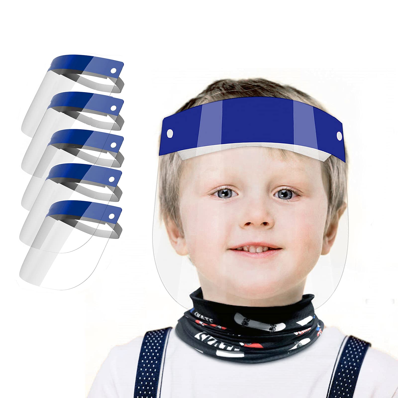 HUHETA 5 Pack Kids Face Shield, Safety Children Face Shield, Transparent Anti-Fog Face Mask with Clear Visor, Face and Eye Protection, Vacuum Packaged (Blue)